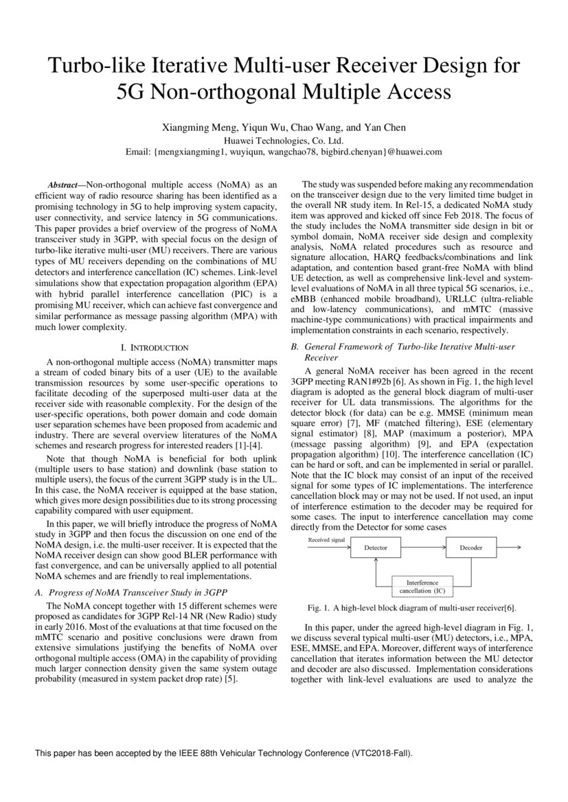Turbo-like Iterative Multi-user Receiver Design for 5G Non-orthogonal Multiple Access | DeepAI