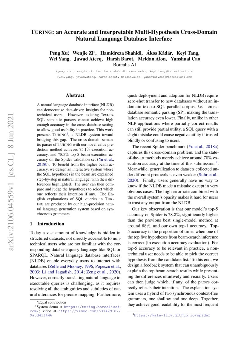 Turing An Accurate And Interpretable Multi Hypothesis Cross Domain Natural Language Database