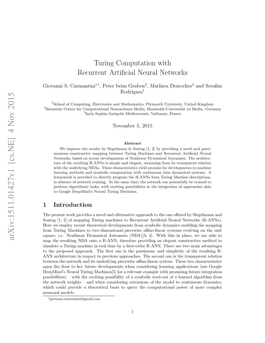 Turing Computation With Recurrent Artificial Neural Networks Deepai