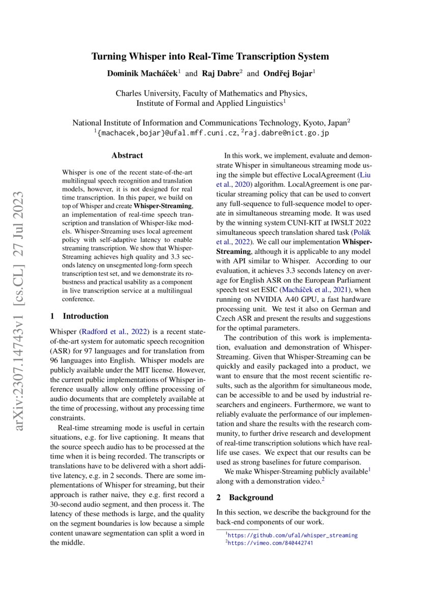 Turning Whisper into Real-Time Transcription System | DeepAI