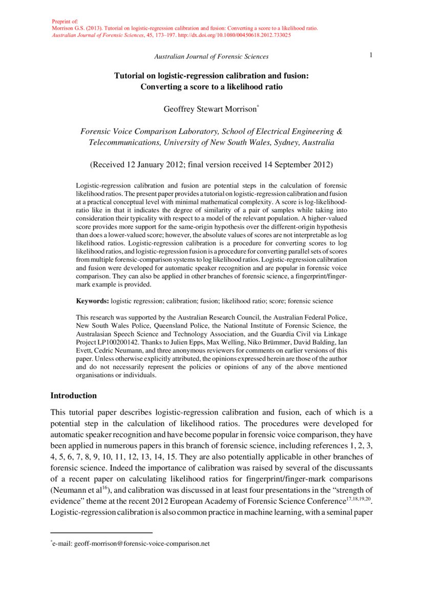 Tutorial On Logistic Regression Calibration And Fusion Converting A Score To A Likelihood Ratio