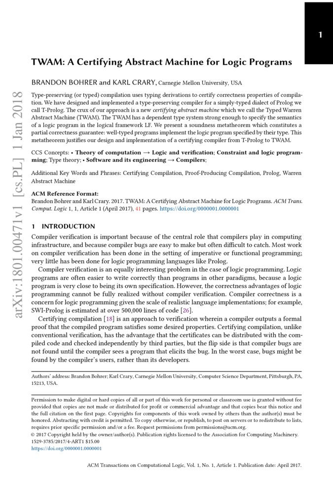 TWAM: A Certifying Abstract Machine for Logic Programs | DeepAI