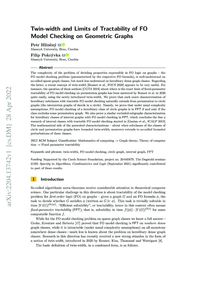 Twin-width and Limits of Tractability of FO Model Checking on Geometric Graphs | DeepAI