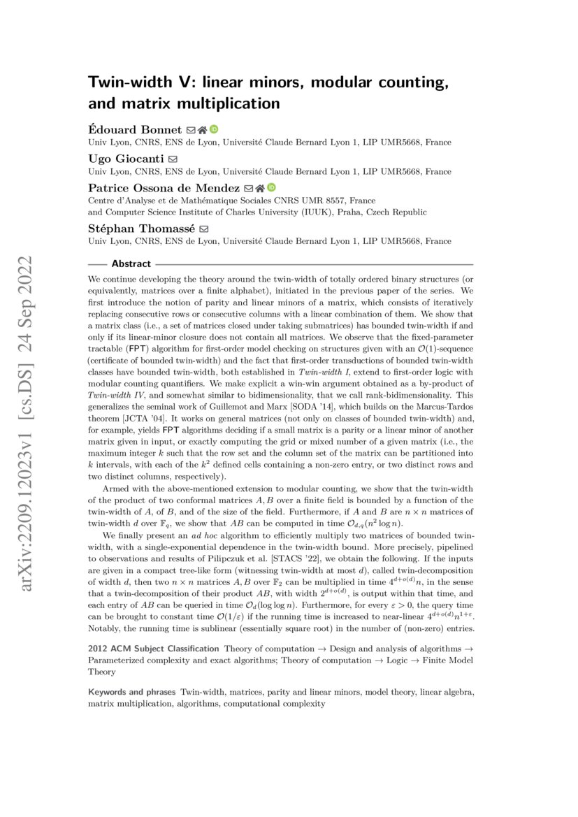 Twin-width V: linear minors, modular counting, and matrix multiplication | DeepAI