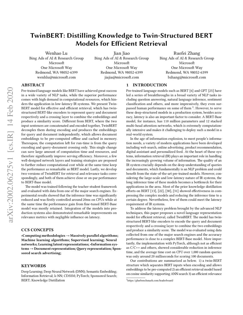 TwinBERT: Distilling Knowledge to Twin-Structured BERT Models for Efficient Retrieval | DeepAI