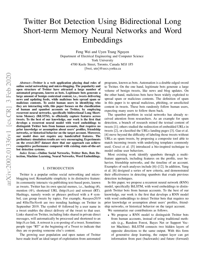 Twitter Bot Detection Using Bidirectional Long Short Term Memory Neural Networks And Word