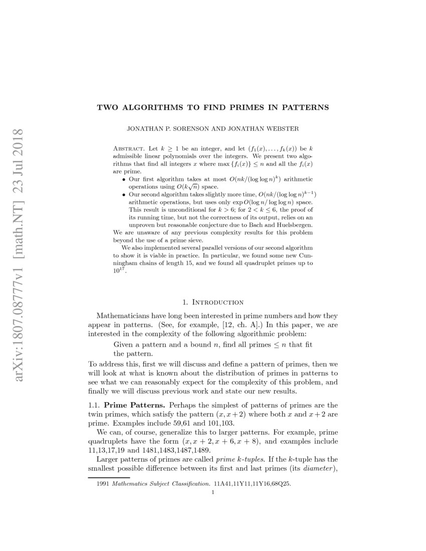 Two Algorithms To Find Primes In Patterns Deepai