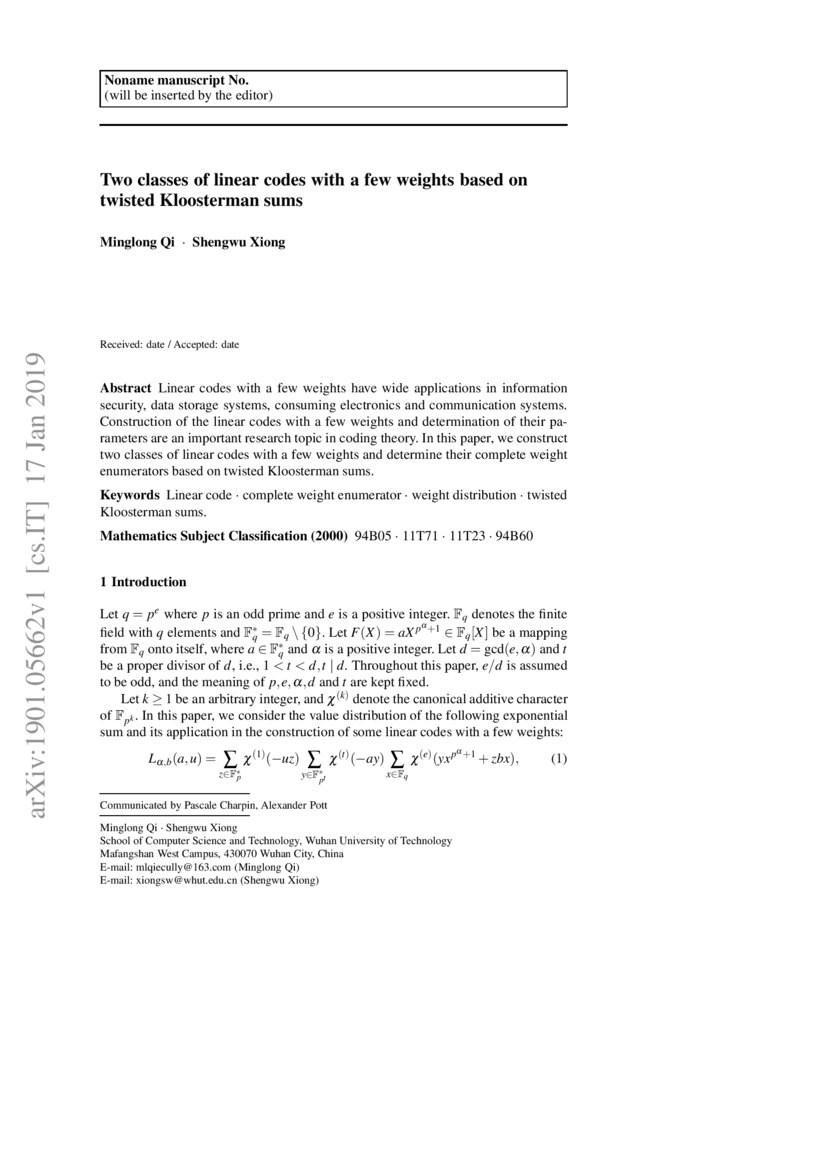 Two Classes Of Linear Codes With A Few Weights Based On Twisted Kloosterman Sums Deepai