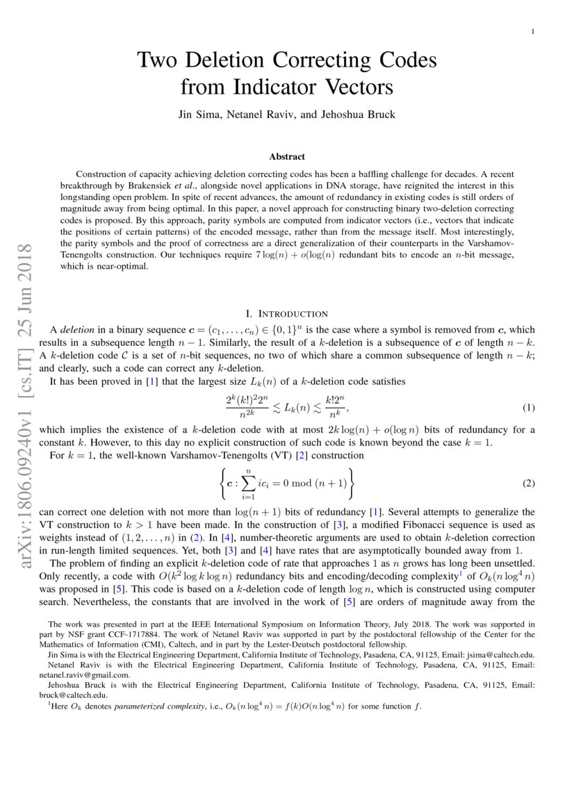 Two Deletion Correcting Codes From Indicator Vectors Deepai