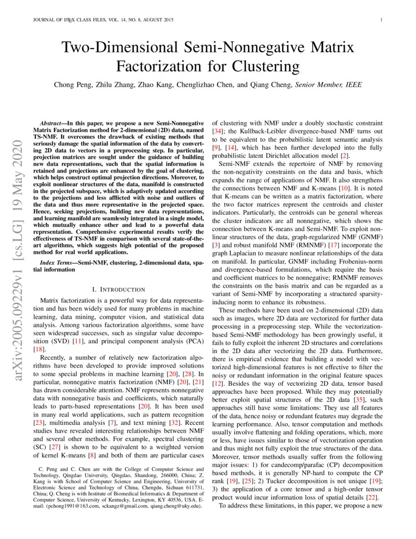 Two Dimensional Semi Nonnegative Matrix Factorization For Clustering Deepai
