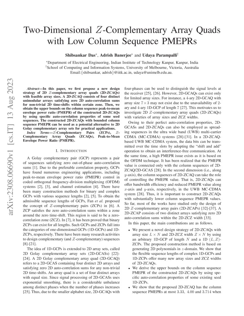 Two Dimensional Z Complementary Array Quads With Low Column Sequence Pmeprs Deepai
