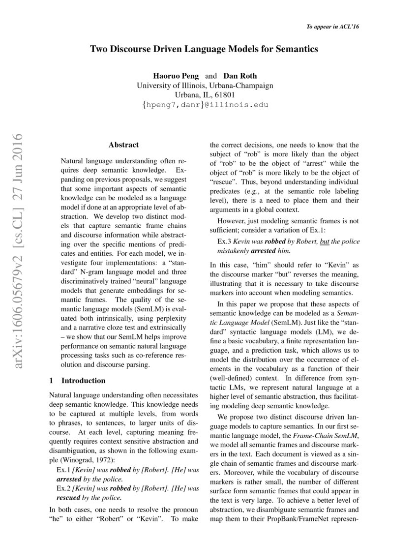 Two Discourse Driven Language Models for Semantics | DeepAI