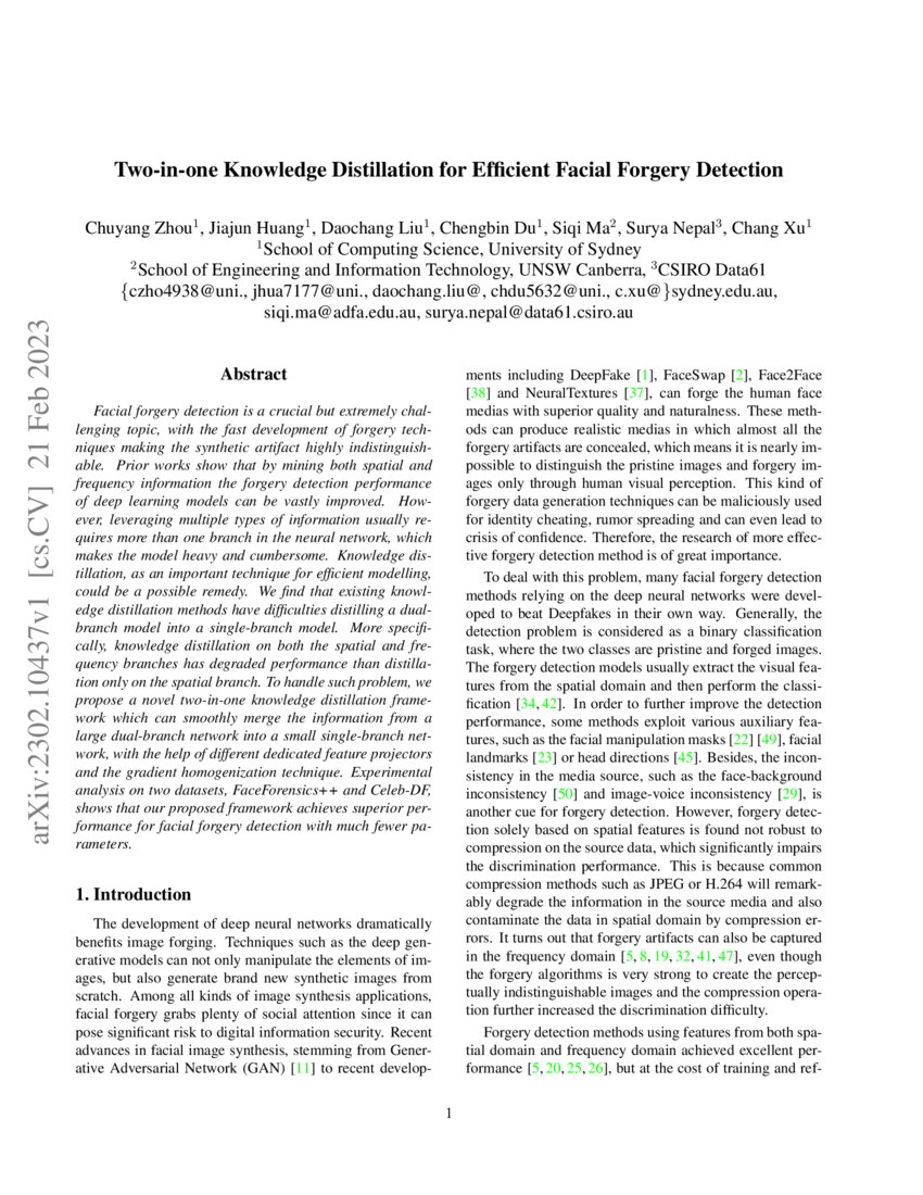 Two In One Knowledge Distillation For Efficient Facial Forgery Detection Deepai