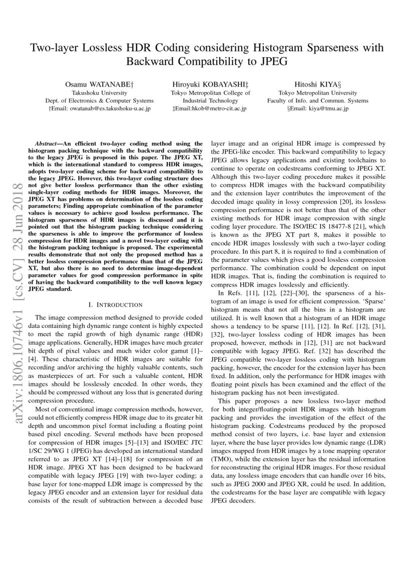 Two Layer Lossless Hdr Coding Considering Histogram Sparseness With Backward Compatibility To