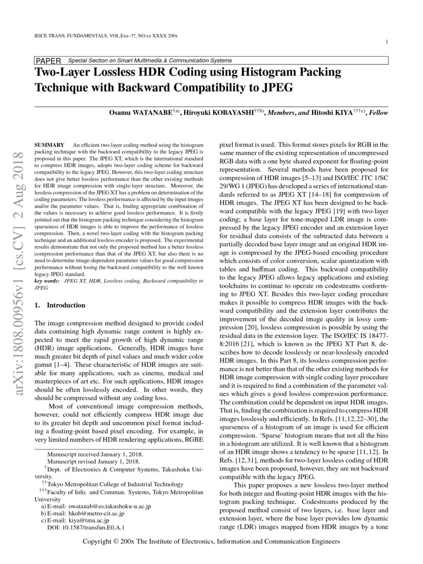 Two Layer Lossless Hdr Coding Using Histogram Packing Technique With Backward Compatibility To 