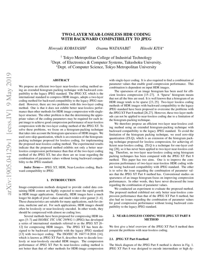 Two Layer Near Lossless Hdr Coding With Backward Compatibility To Jpeg Deepai