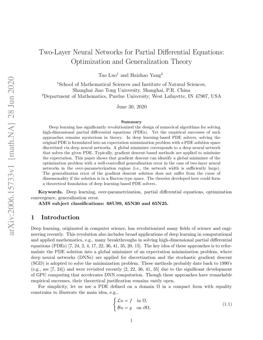 Two Layer Neural Networks For Partial Differential Equations