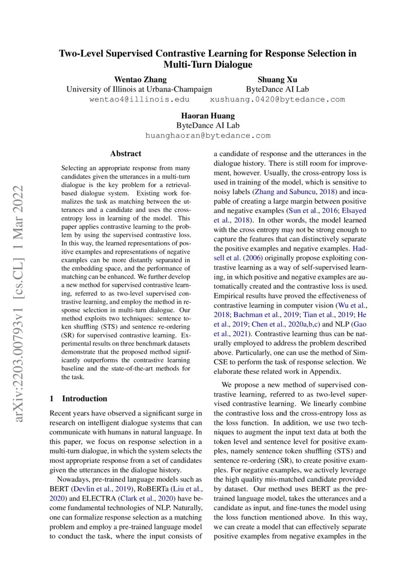 Two Level Supervised Contrastive Learning For Response Selection In Multi Turn Dialogue Deepai