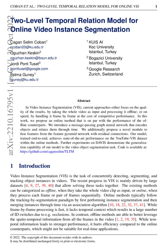 Two Level Temporal Relation Model For Online Video Instance Segmentation Deepai