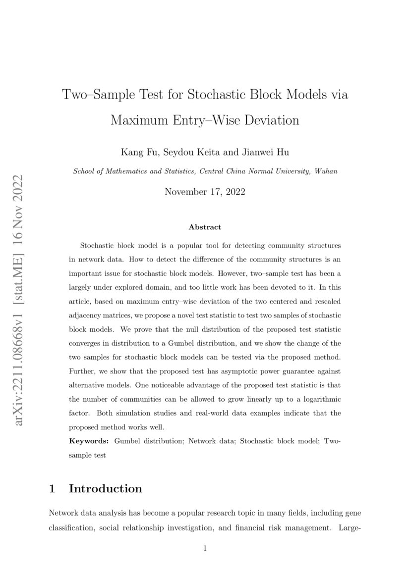 Two Sample Test For Stochastic Block Models Via Maximum Entry Wise Deviation Deepai 