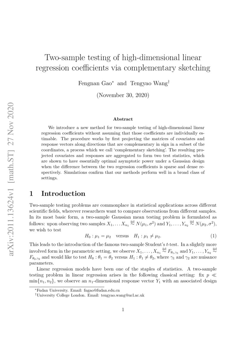Two Sample Testing Of High Dimensional Linear Regression Coefficients Via Complementary