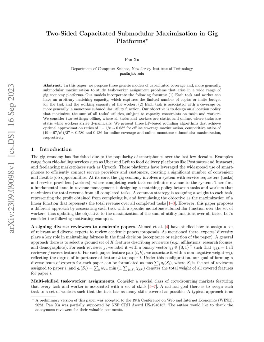 Two Sided Capacitated Submodular Maximization In Gig Platforms Deepai