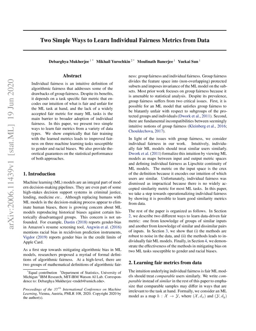 Two Simple Ways to Learn Individual Fairness Metrics from Data | DeepAI