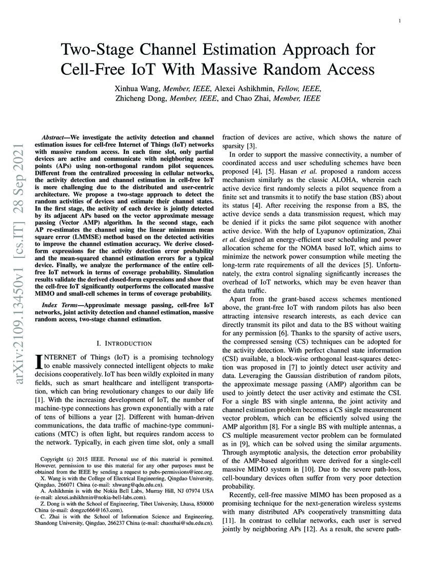Two-Stage Channel Estimation Approach for Cell-Free IoT With Massive ... Two-Stage Channel Estimation Approach for Cell-Free IoT With Massive ...