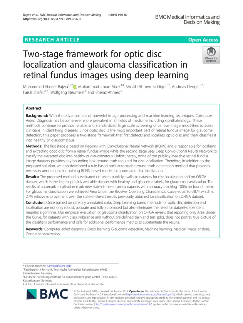 Two Stage Framework For Optic Disc Localization And Glaucoma Classification In Retinal Fundus 