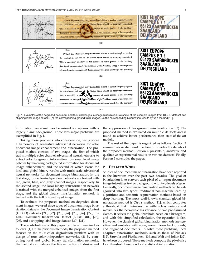Two Stage Generative Adversarial Networks For Document Image Binarization With Color Noise And
