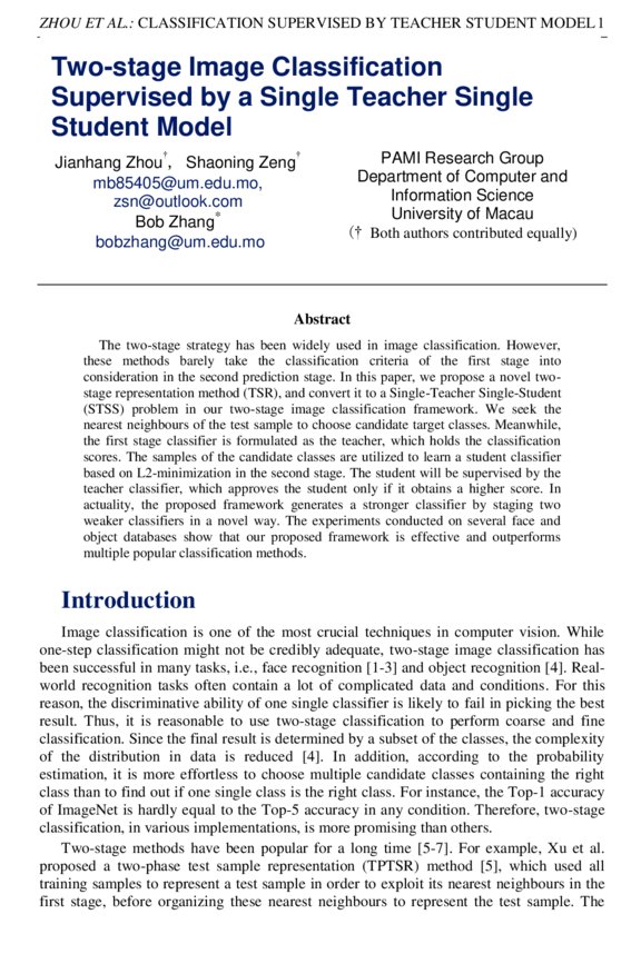 Two-stage Image Classification Supervised by a Single Teacher Single ...