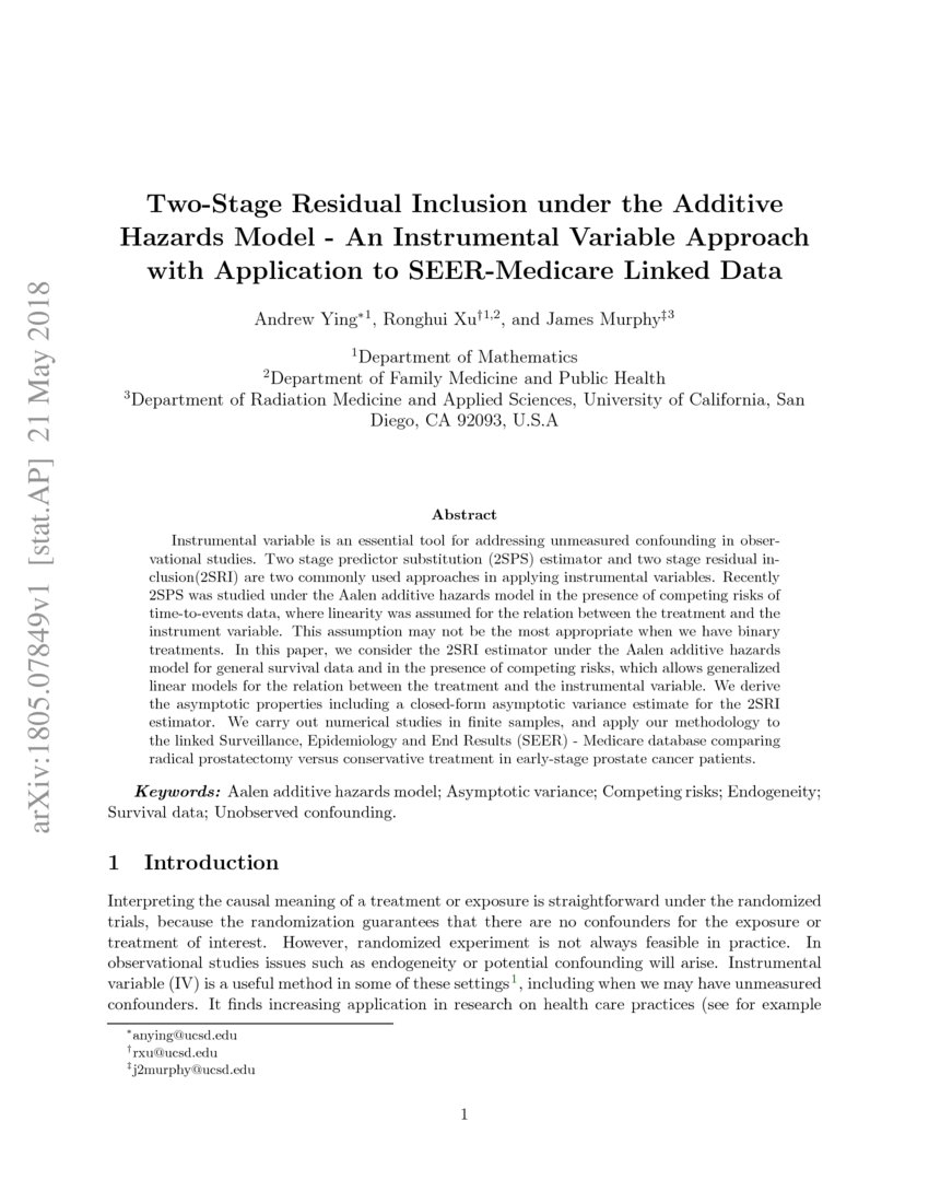 Two-Stage Residual Inclusion under the Additive Hazards Model - An ... Two-Stage Residual Inclusion under the Additive Hazards Model - An ...