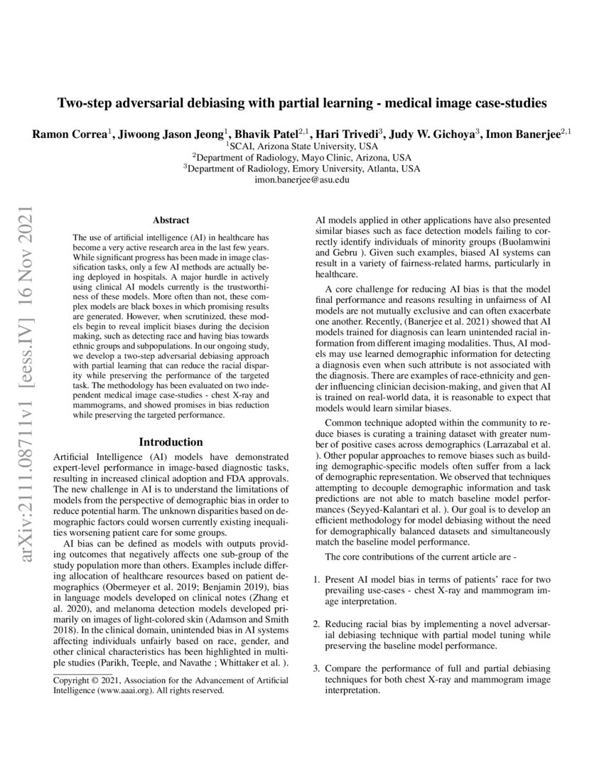 Two-step adversarial debiasing with partial learning – medical image case-studies | DeepAI