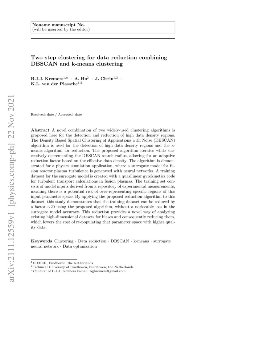 Two Step Clustering For Data Reduction Combining Dbscan And K Means 2547