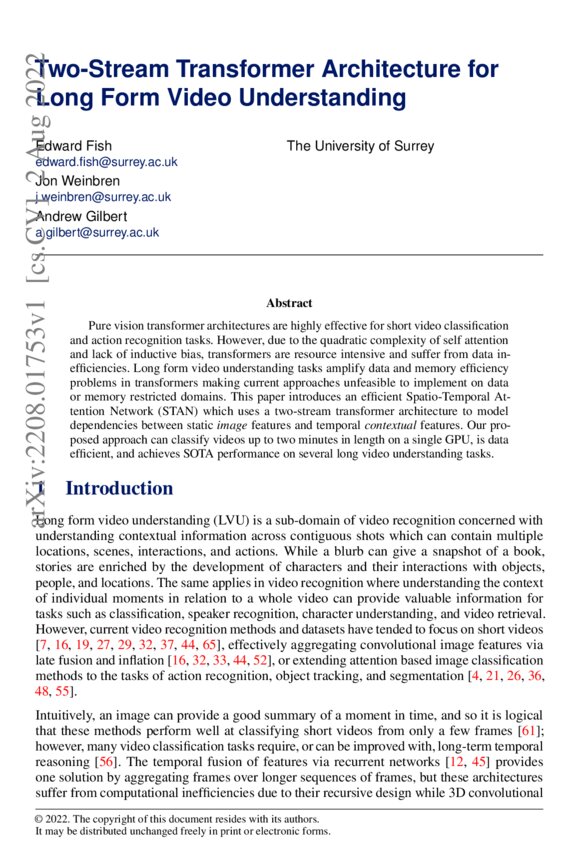 Two-Stream Transformer Architecture for Long Video Understanding | DeepAI