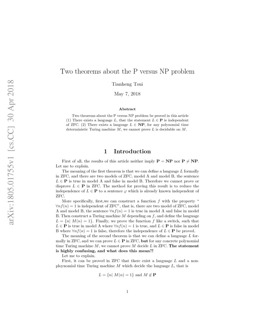 Two theorems about the P versus NP problem | DeepAI