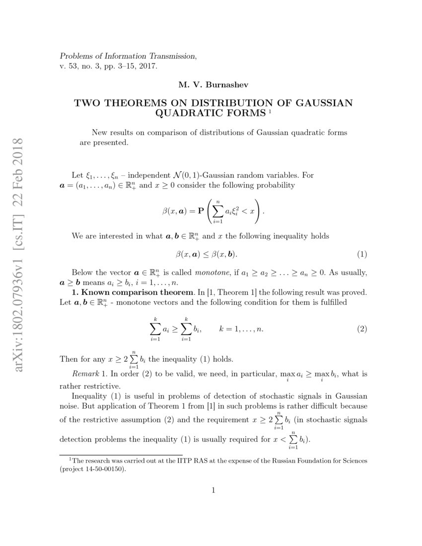 Two Theorems On Distribution Of Gaussian Quadratic Forms Deepai