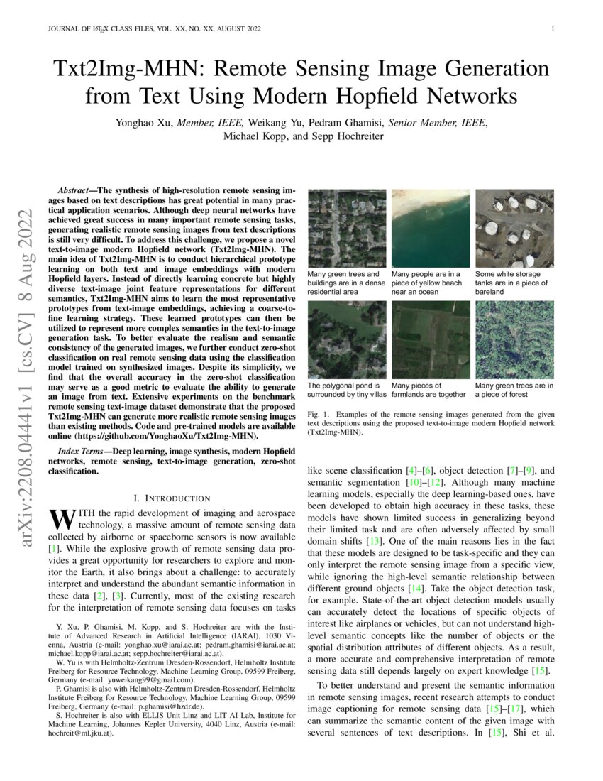 Txt2Img-MHN: Remote Sensing Image Generation from Text Using Modern Hopfield Networks | DeepAI