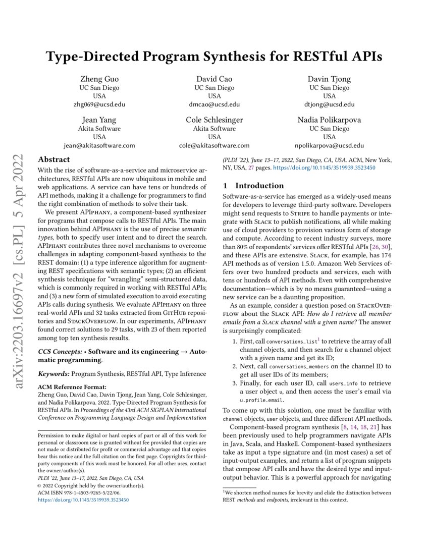 Type-Directed Program Synthesis for RESTful APIs | DeepAI