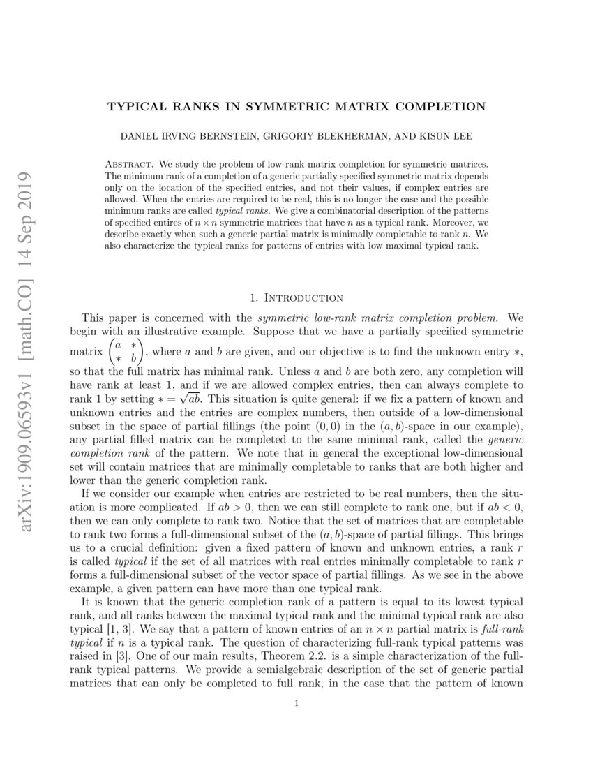 Typical ranks in symmetric matrix completion | DeepAI
