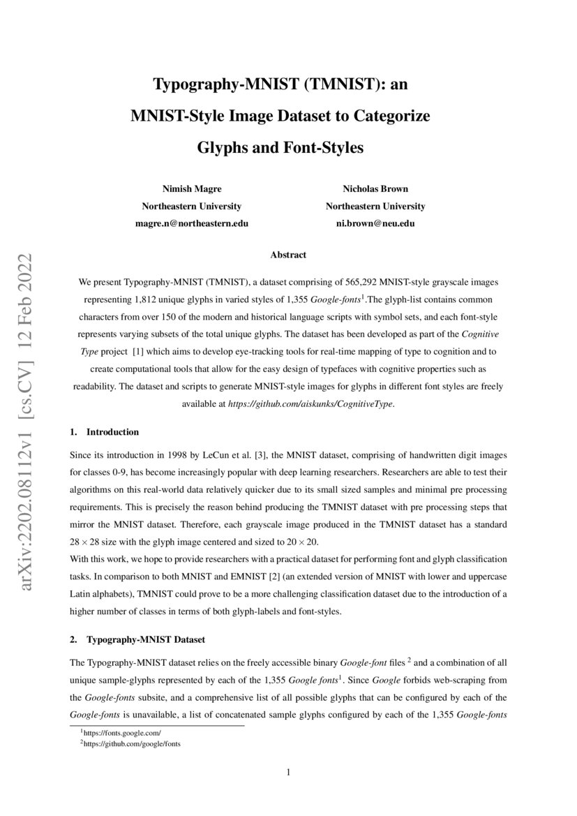 Typography-MNIST (TMNIST): an MNIST-Style Image Dataset to Categorize ...