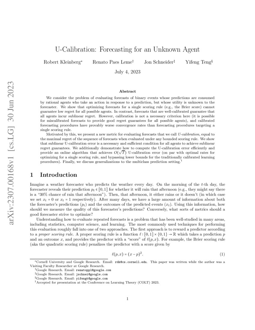 U Calibration Forecasting For An Unknown Agent Deepai