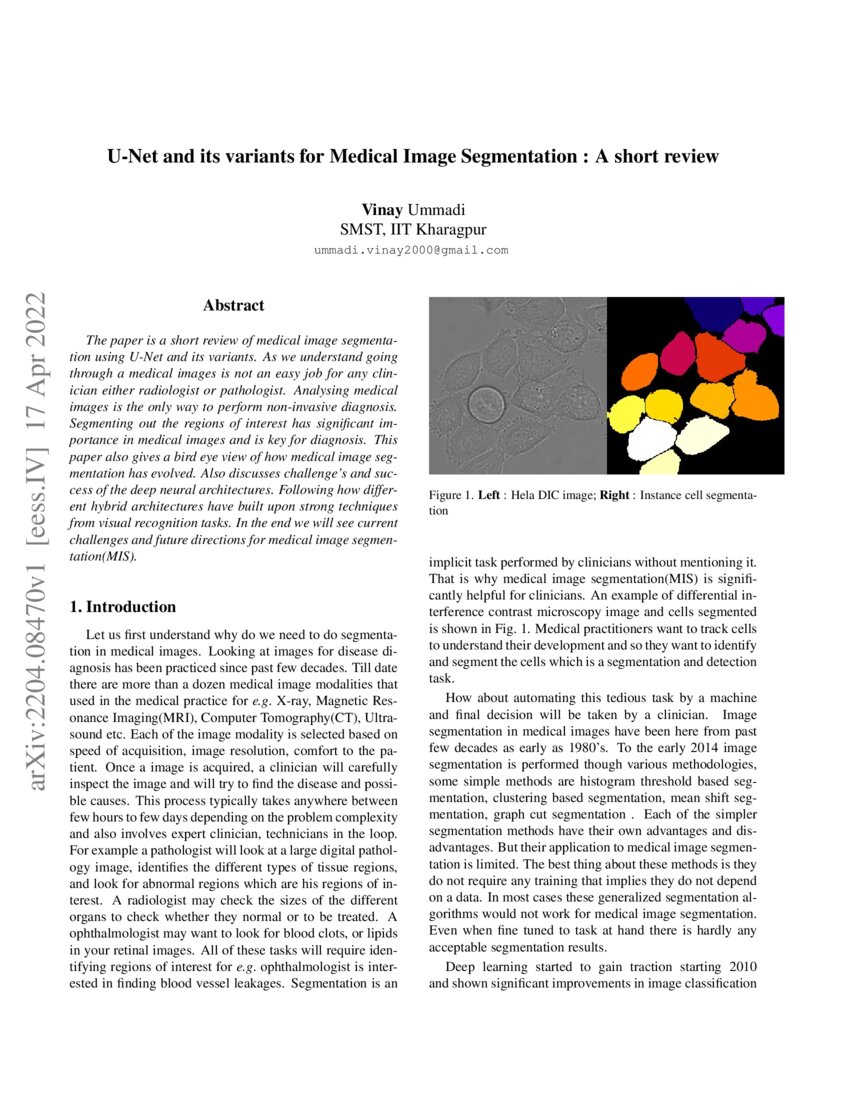 U-Net and its variants for Medical Image Segmentation : A short review | DeepAI