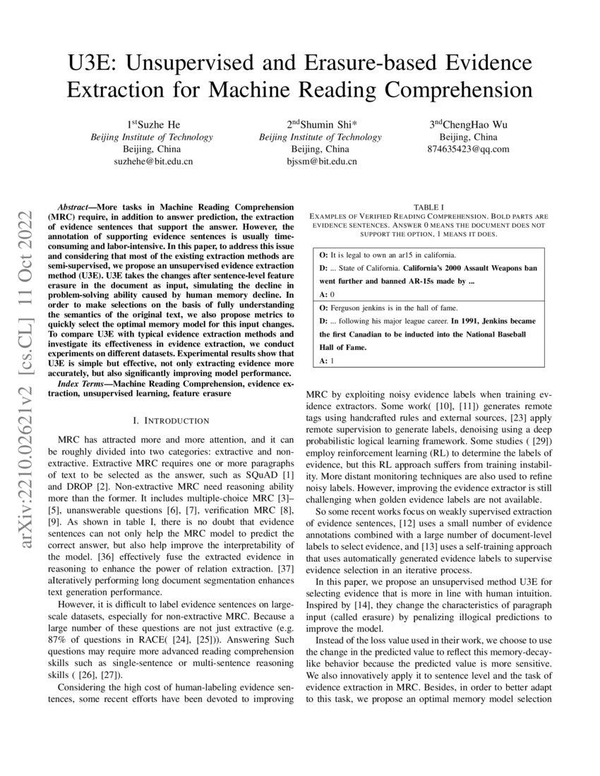 U3E: Unsupervised and Erasure-based Evidence Extraction for Machine Reading Comprehension | DeepAI