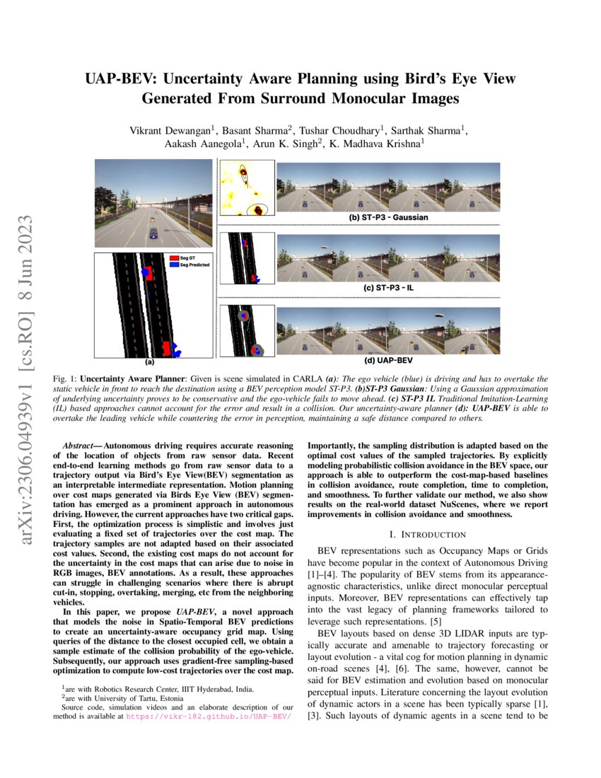 UAP-BEV: Uncertainty Aware Planning using Bird's Eye View generated ...