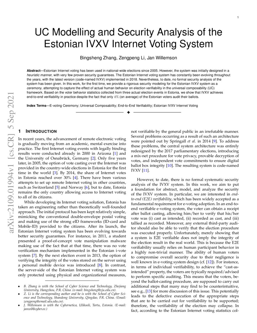 UC Modelling and Security Analysis of the Estonian IVXV Internet Voting ...