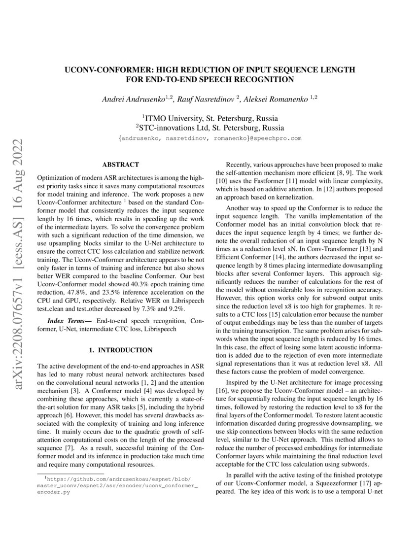Uconv Conformer High Reduction Of Input Sequence Length For End To End