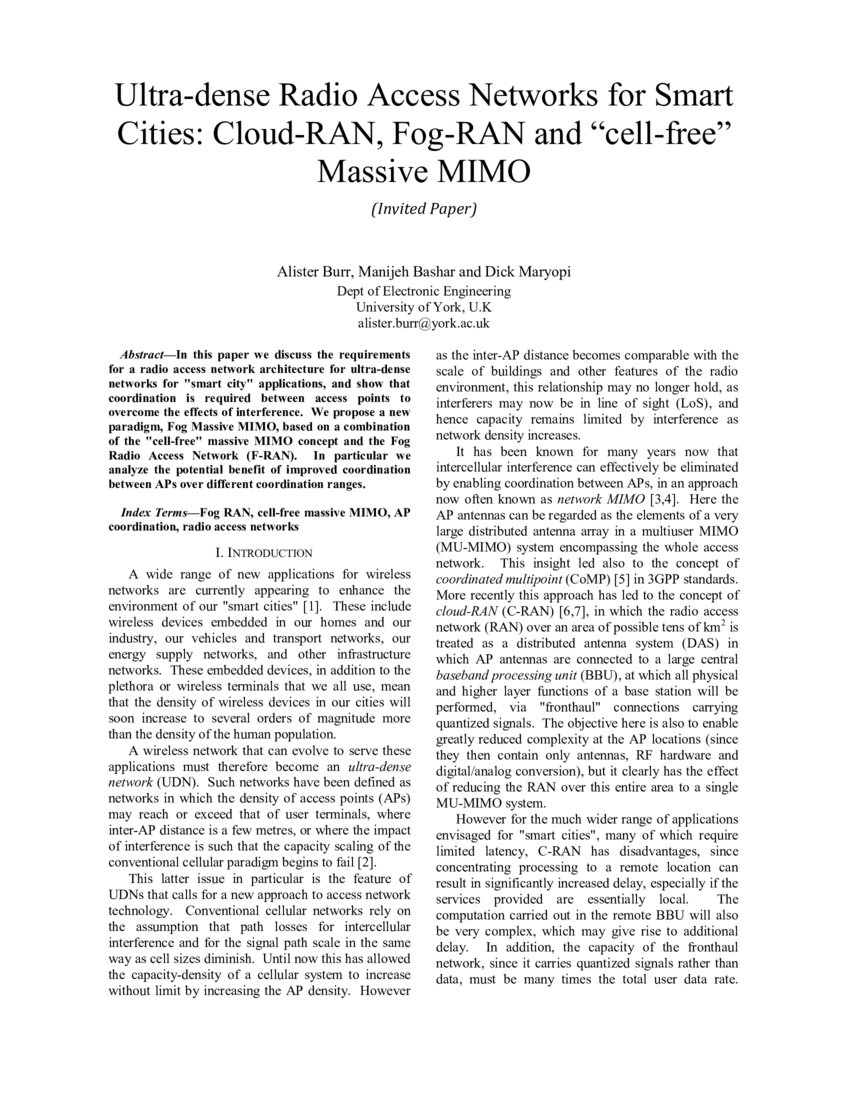 Ultra-dense Radio Access Networks for Smart Cities: Cloud-RAN, Fog-RAN and "cell-free" Massive ...