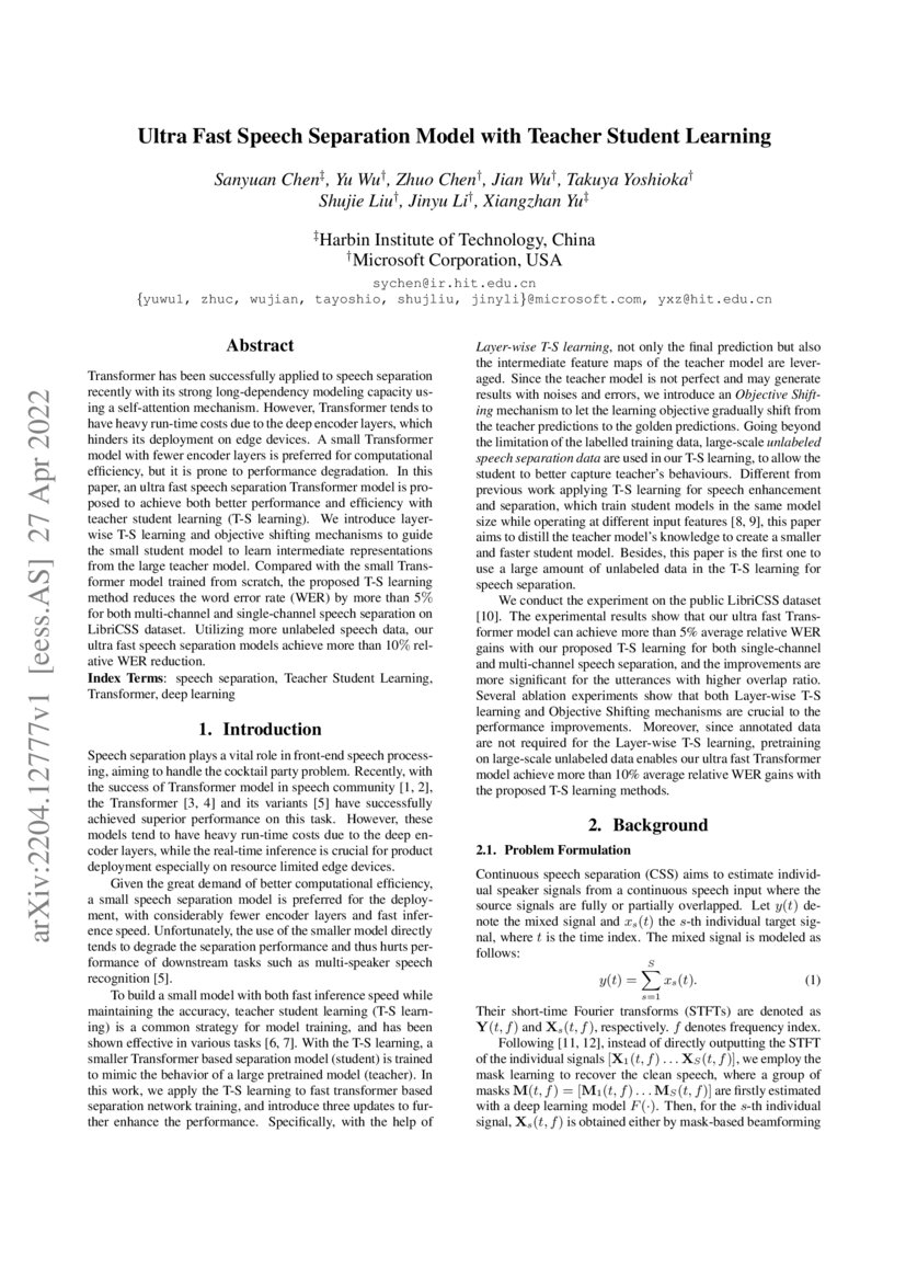 Ultra Fast Speech Separation Model with Teacher Student Learning | DeepAI