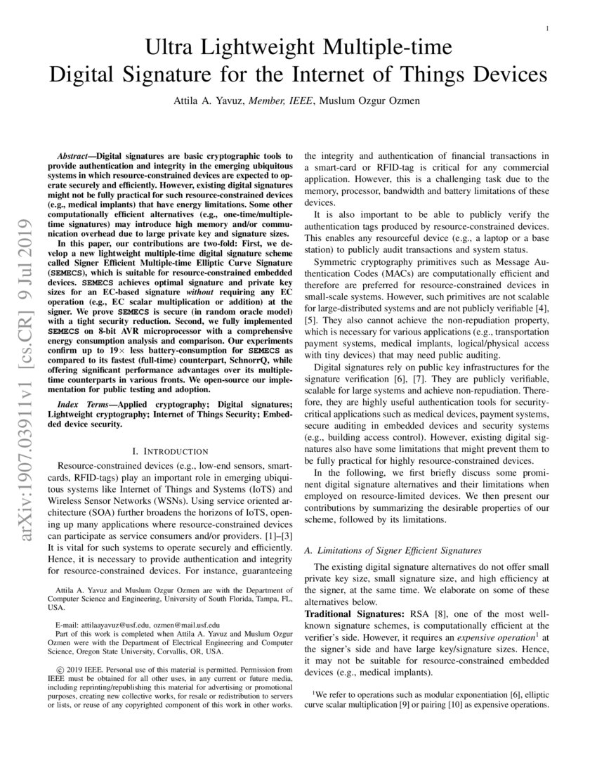 Ultra Lightweight Multiple-time Digital Signature for the Internet of ...